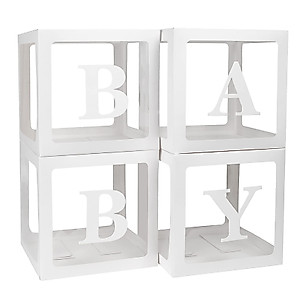 JOYYPOP Baby Boxes with Letters for Baby Shower, 4 Transparent Balloon Boxes with 16 Letters for Boys & Girls Birthday, Gender Reveal Decorations and Wedding Party(White)