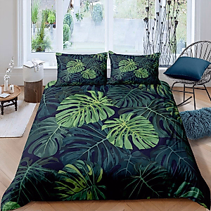 Erosebridal Banana Leaf Bedding Set, Hawaiian Beach Comforter Cover for Kids Teens Tropical Leaves Duvet Cover, Rainforest Natural Quilt Cover Room Decor 3 Pieces with 2 Pillowcases Queen Size