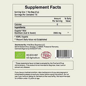 Organic Wild Hawthorn Leaf and Flower Herbal Tea - Caffeine Free - Pharmacopoeia Potency - 75 Plant Based Tea Bags