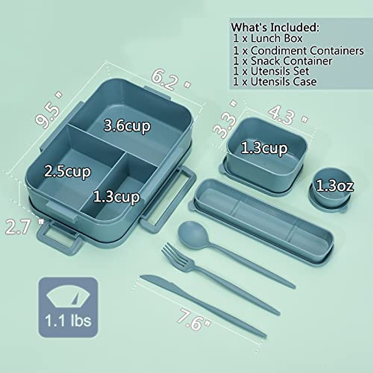 Versatile Spill Proof Bento Box, 2045ml Wheat Straw Lunch Bento Box 5-Compartment Lunch Container +Utensil Case Set, Unbreakable BPA-Free Lunch Box, Easy Open for School, Work, Picnic -Green