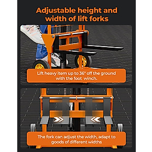 Arczorix Hydraulic Material Lift Winch Stacker 441 Lbs 36” Max Lift with 9" Thick Rubber Wheels Removable Flat Bed 18.5" Thick Fork Arm, Pallet Truck Dolly Lift Table Fork Lift