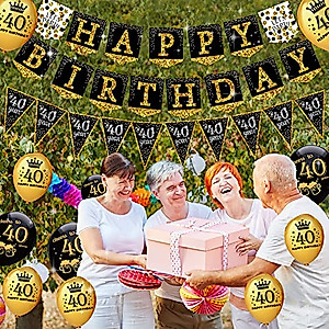 40th birthday decorations for men women - (76pack) black gold party Banner, Pennant, Hanging Swirl, birthday balloons, Tablecloths, cupcake Topper, Crown, plates, Photo Props, Birthday Sash for gifts