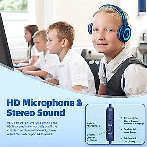Kids Headphones Wired, Wired Headphones with Microphone, Volume Limiter 85/94dB, 3.5mm Jack for iPad/Kindle/Fire/Girls/Boys/School/Travel - Navy Blue
