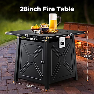 Ciays 28 Inch Gas Fire Pit Table, 50,000 BTU Propane Fire Pits for Outsides with Steel Lid and Lava Rock, 2 in 1 Square Firepit Table for Gatherings Parties on Patio Deck Garden Backyard, Black