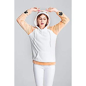 CORIRESHA Cute Coral Velvet Long Sleeve Shiba Inu Dog Embroidery Home Wear Hoodie for Women White