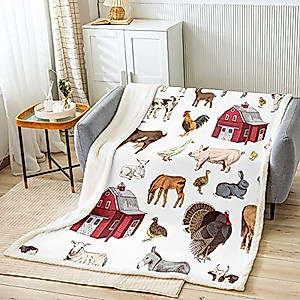 Farm Animals Fleece Blanket Rustic Farmhouse Blanket for Boys Girls,Horse Chicken Cock Rooster Bull Cattle Cow Throw Blanket Country Style Fuzzy Blanket 40"x50",Sheep Pig Duck Donkey Goose Room Decor