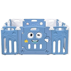 HONEY JOY Baby Play Yards, 14 Panel Foldable Baby Playpen, Anti-Slip Base & Lockable Safety Gate, Indoor Large Baby Fence Play Area for Babies and Toddlers (Blue, 14 Panel)