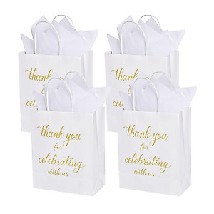 DjinnGlory 50 Pack Medium Sized White Paper Gift Bags with Tissue Paper 10x8x4 Inch, Thank You for Celebrating with Us Bags with Handles for Wedding Welcome Bridal Shower Party Favors Goodies