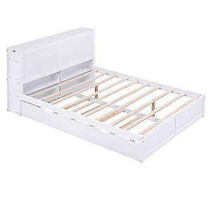 Lifeand Queen Size Storage Platform Wooden Bed with Pull Out Shelves and Twin XL Size Trundle, White