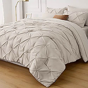 Bedsure Beige Comforter Set Queen - Bed in a Bag Queen 7 Pieces, Pintuck Bedding Sets Beige Bed Set with Comforter, Sheets, Pillowcases & Shams