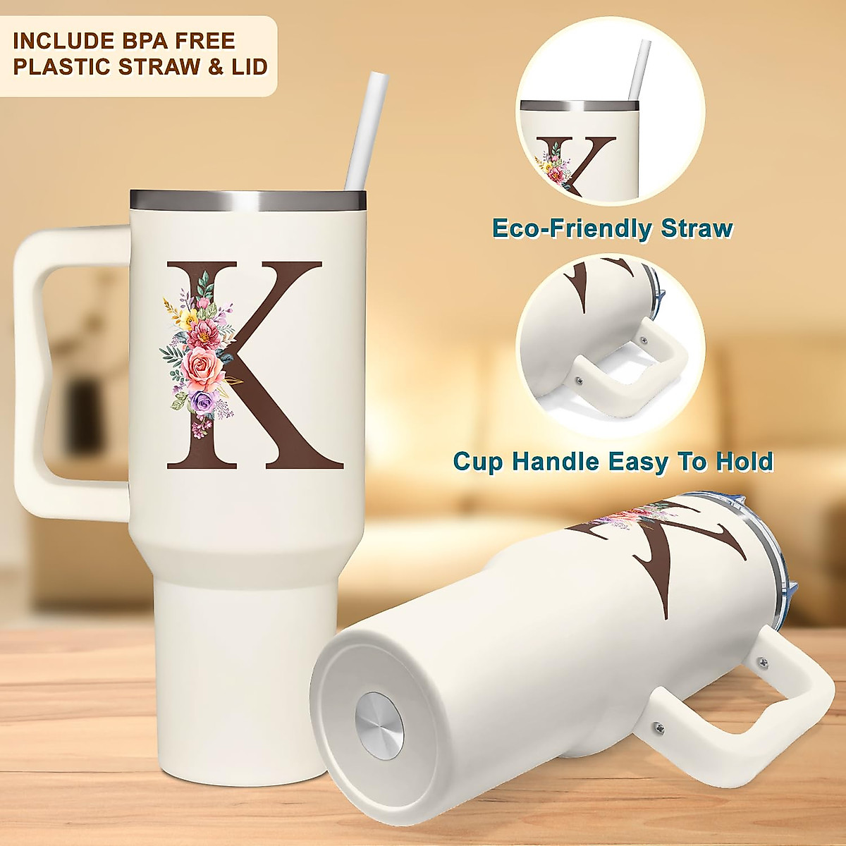 Personalized Gifts For Women - Personalized Gifts For Birthday, Christmas - Monogrammed, Customized For Woman, Mom, Wife, Best Friend, Sister, Coworkers - Custom Tumbler With Handle 40oz