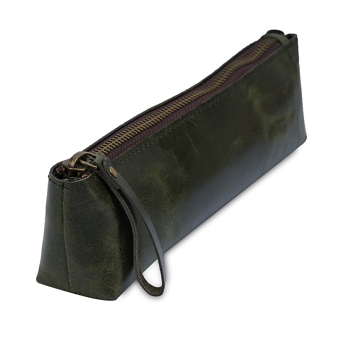 Leather Pencil Pouch, Make-up Brush Pouch, Leather Pencil Case, Zippered Pouch for Make-up essentials, Pen Case, Pen & Marker Case, Pencil Case For Students & School (Forest Green)