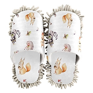 FLildon Microfiber Cleaning Slippers Cute Animals Squirrels Washable Mop Shoes Slipper for Men/Women House Floor Dust Cleaner, Size M