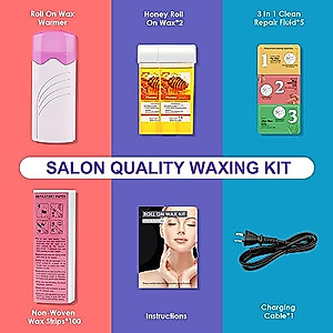 Roll on wax,Waxing Roller Kit,Cera para depil,Wax Roller Kit for Hair Removal, Include 2 Honey Soft Wax Cartridge & 100 Non-Woven Wax Strips, Portable Purple Wax Heater Machine for Women & Men
