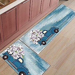 Kitchen Rugs and Mats Set Non-Slip Cushioned Anti-Fatigue Mat Machine Washable 2 Pieces Rug Set Kitchen Mats, Live Simply Laugh often Love Deeply Blue Truck Carrying Magnolia 15.7"x23.6"+15.7"x47"