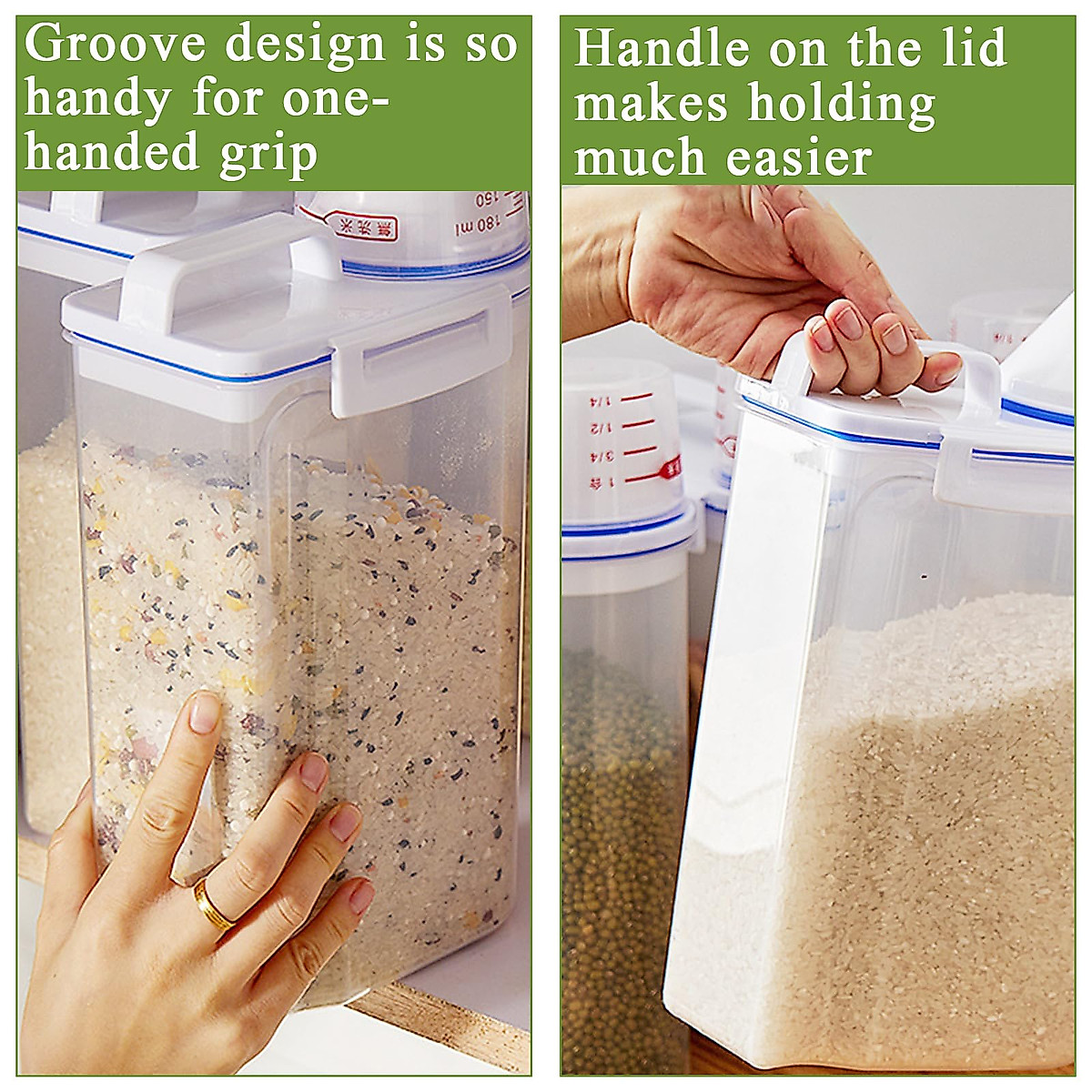 AKOLAFE 4 Pack Flour Container 5LB Pantry Food Storage Containers with Lids Airtight & Measuring Cup Small Air Tight Rice Holder Bin Plastic Cereal Grain Dispenser Kitchen for Sugar Dry Goods Pet Food