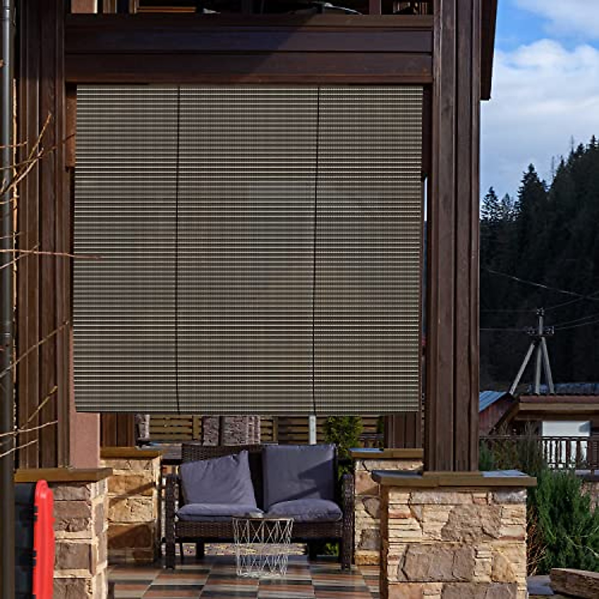 ECOOPTS Outdoor Roller Shade, Striped Hollow Out Roll Up Shade Blind Sun Shade for Patio Porch Back Yard Gazebo Deck Balcony (6'W x 6'L, Brown)