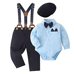 YALLET Baby Boy Clothes Set Infant Tuxedo Long Sleeve Gentleman Suit Outfits + Beret Hat + Suspender Pants + Bowtie 0-18M