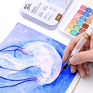 Mont Marte Premium Metallic Watercolor Cake Set, 21 Piece, 18 Colors, 1 Water Brush, 1 Sponge, 4 Mixing Wells