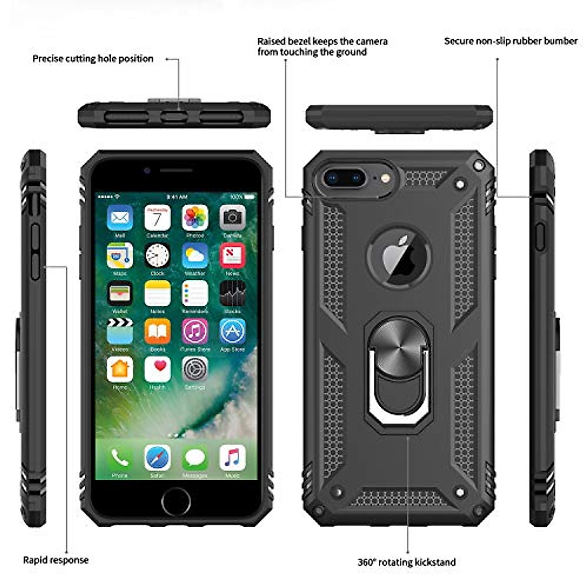 LeYi Compatible for iPhone 8 Plus Case, iPhone 7 Plus Case, iPhone 6 Plus Case with Tempered Glass Screen Protector [2 Pack], Military-Grade Phone Case with Kickstand Ring for iPhone 6s Plus, Black