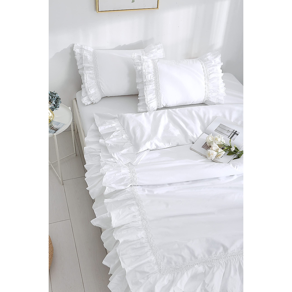 Meaning4 White Twin Duvet Cover with Ruffles and Lace Quilt Cover Egypt Cotton 68x90 Inch 1 Pieces Solid (Not Include Pillowcases and Insert)