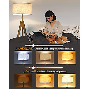 ELYONA Tripod Floor Lamp with Remote for Bedroom, Solid Ash Wood, Stepless Dimmer & Color Temperature LED Bulb Included, Mid Century Modern Touch Control Standing Light for Living Room, Brown