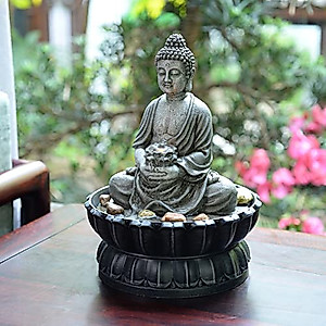 Haobos 9.4" Indoor Tabletop Fountain Exquisite Sitting Buddha Fountains Desk Water Fountain Decorative Zen Fountain w/Reflective Lighting/Cobblestone Office and Home Decor(21125B)