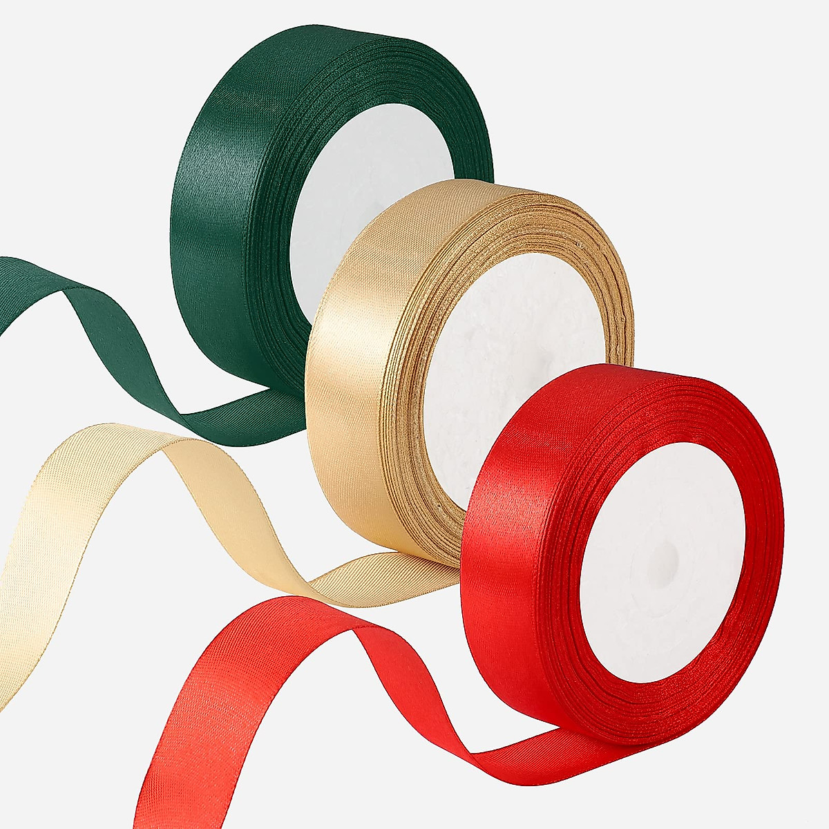 3 Rolls 75 Yard Christmas Satin Ribbon, 1 Inch Wide Gift Wrapping Ribbon Double Faced Polyester Ribbon Rolls Solid Satin Ribbon for Christmas Wedding Party DIY Craft Making (Red, Green, Gold)