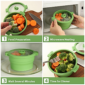 Collapsible Silicone Microwave Cookware Cooker Steamer for Cooking with Lids, 0.8L and 1.4L Glass Food Storage Container Sealed Bowl Mixing Bowls 2pc Set BPA Free