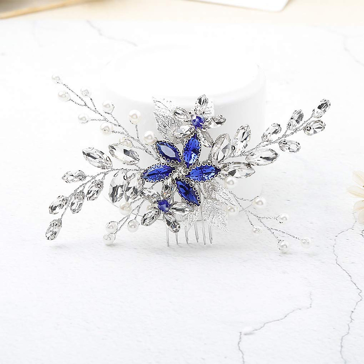 Olbye Wedding Hair Comb Blue Rhinestone Bridal Hair Accessories for Bride and Bridesmaids Wedding Hair Piece Silver