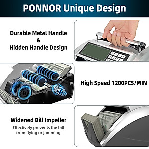 Money Counter Machine PONNOR with Value Count, Dollar, Euro with UV/MG/IR/DD/DBL/HLF/CHN Counterfeit Detection, Bill Cash Counting, Large LCD Display