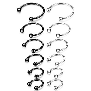 ORAZIO 12Pcs 14-16G Stainless Steel Nose Rings Septum Piercing Cartilage Horseshoe Earring Body Piercing 6MM-16MM Black And Silver Tone