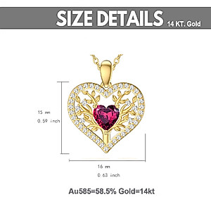 SISGEM 14K Real Gold Tree of Life Necklace for Women,Yellow Gold Family Tree Pendant Necklace Garnet Heart Jewerly Gifts for Birthday Christmas 16+1+1 inch