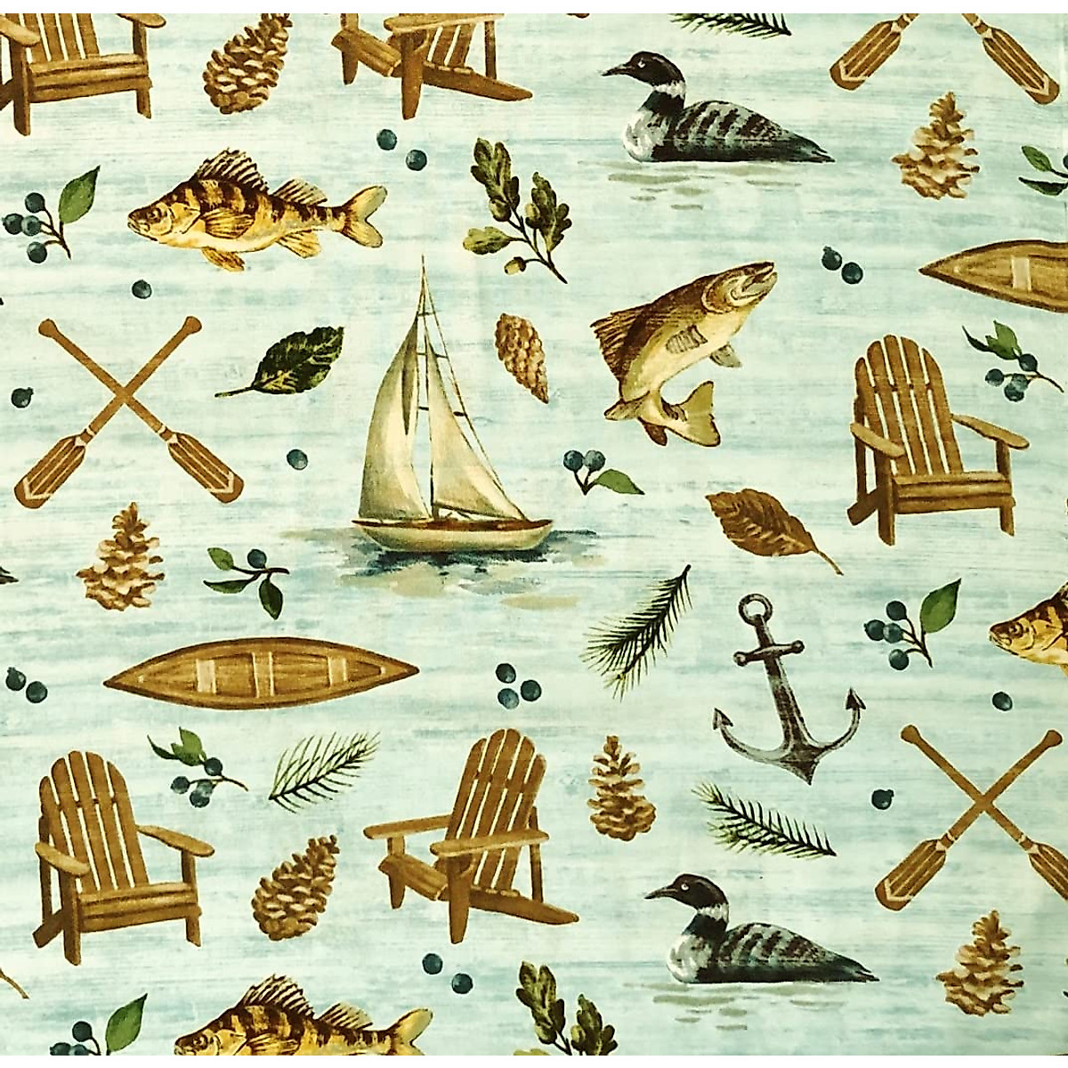1/2 Yard - Duck Canoe Camping Fishing on Blue Lake Cotton Fabric (Great for Quilting, Sewing, Craft Projects, Throw Pillows & More) 1/2 Yard x 44"