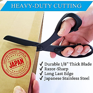 ALLEX Cardboard Scissors Heavy Duty [Non-Stick] 8" Large Craft Scissors, Japanese Stainless Steel Blade, Black, Made in JAPAN