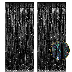 2 Pack 3.2ft x 8.2ft Black Tinsel Foil Fringe Curtain, Sparkle Metallic Foil Backdrop for Party Photo Booth Props New Years Eve Birthday Bridal Shower Bachelorette Holiday Decorations Supplies