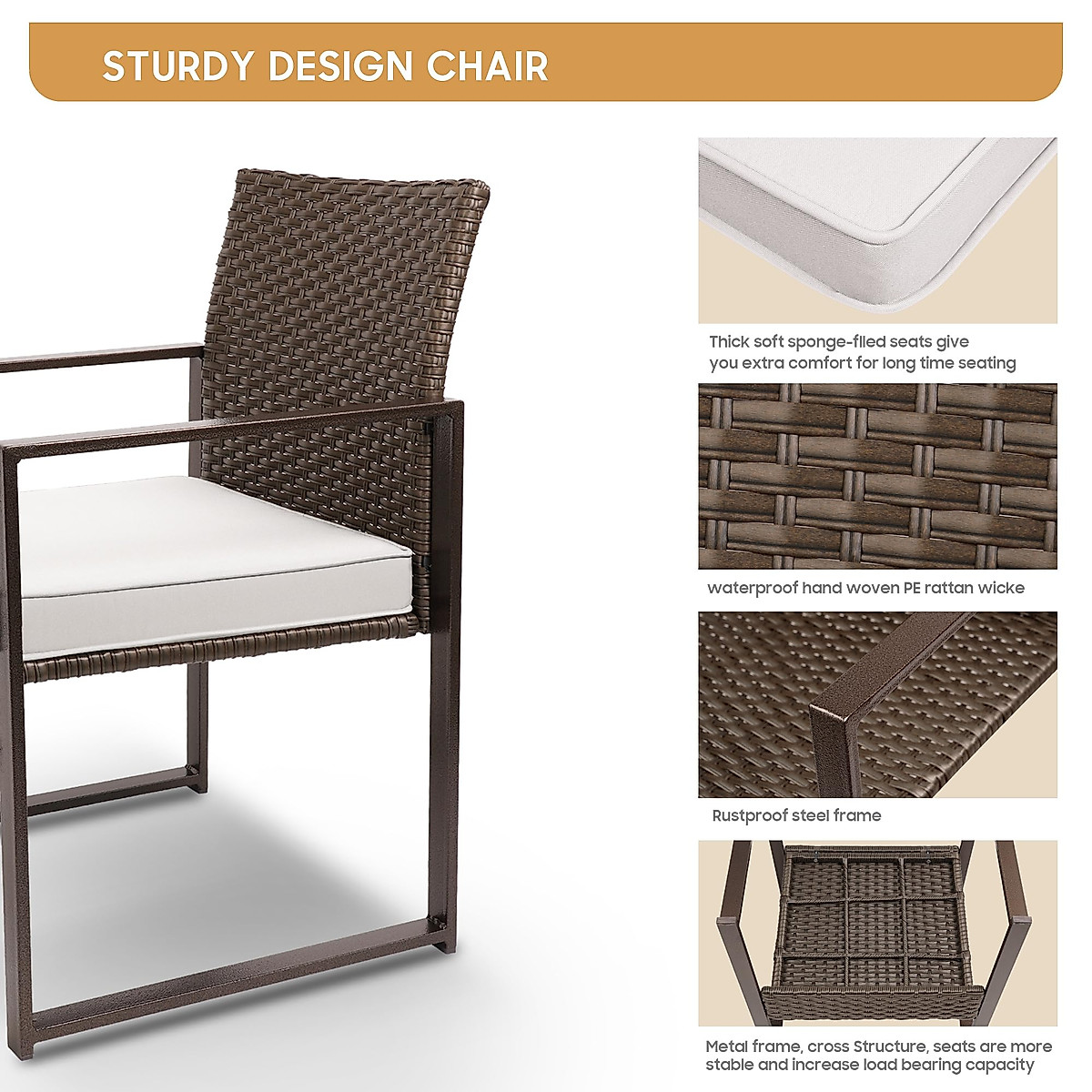 YIYAN Patio Furniture Set 3 Pieces Outdoor Rattan Chair Wicker Sofa Garden Conversation Bistro Sets with Coffee Table,Comfortable Washable Cushions (White)