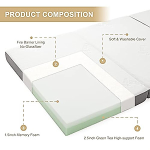 Lazyzizi Folding Mattress, 4 Inch Memory Foam Tri-fold Mattress with Breathable & Washable Bamboo Fiber Fabric Cover, Foldable Floor Mattress Guest Bed for Camping, Road Trip, Twin