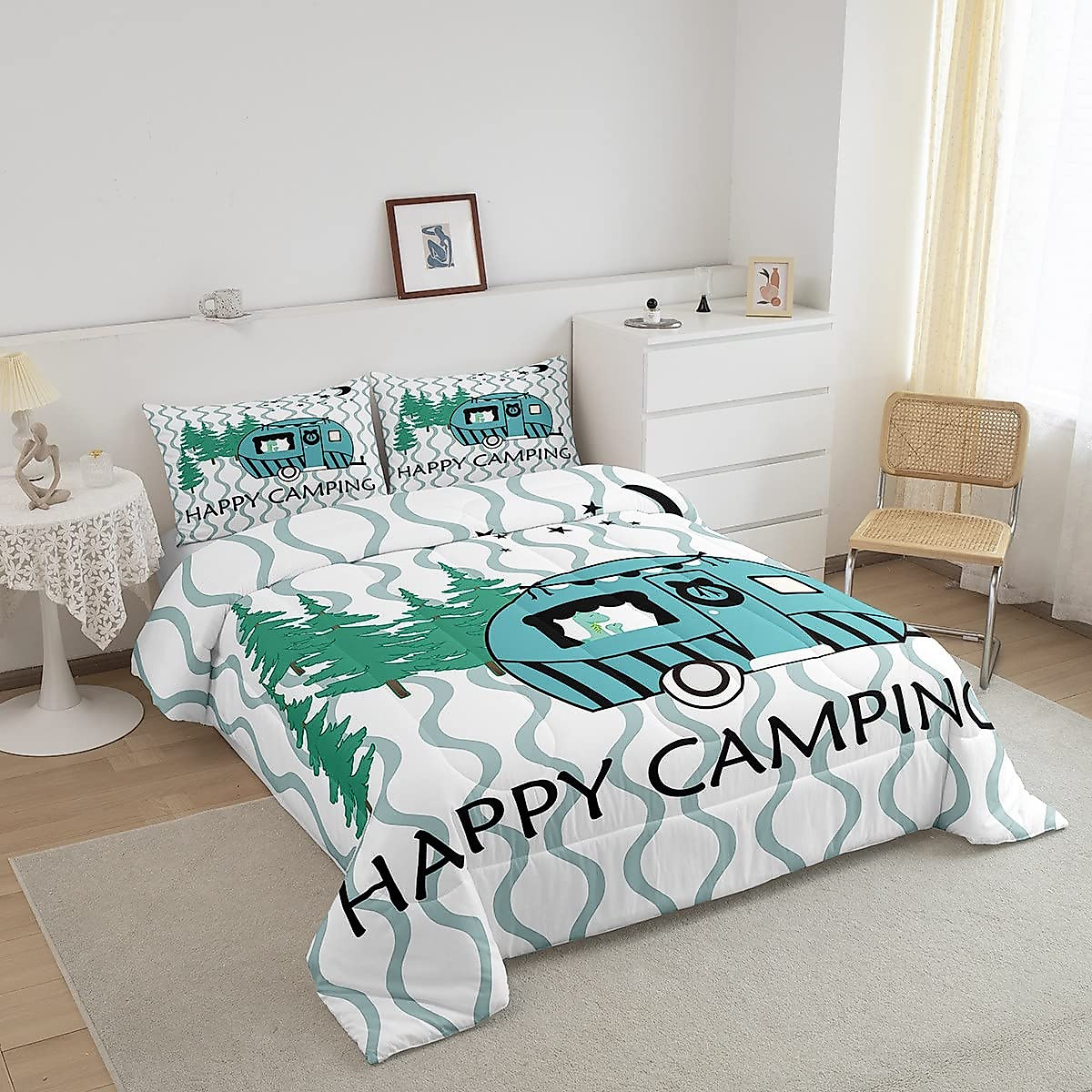 Happy Camping Comforter Set Queen Size Modern Geometric Stripes Bedding Set 3pcs for Kids Teens Boys Girls Bedroom Decor Cartoon RV Camper Car Quilt Set Blue White Duvet Insert,2 Pillowcases