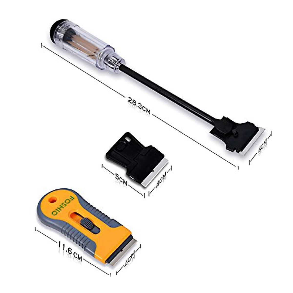 FOSHIO Multi-Purpose Window Tint Removal Tool Set with Long Handle Razor Blade Scraper, Retracted Metal Razor, Mini Plastic Scraper, Microfiber Cleaning Cloth, 20 Bonus Razor Blades