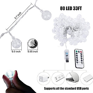 Globe String Lights Fairy Lights 33ft 80 LED String Lights for Bedroom 8 Modes USB with Remote Waterproof Indoor Outdoor Table Decor Hanging Lights Home Patio Garden Wedding Party Decor,Cool White