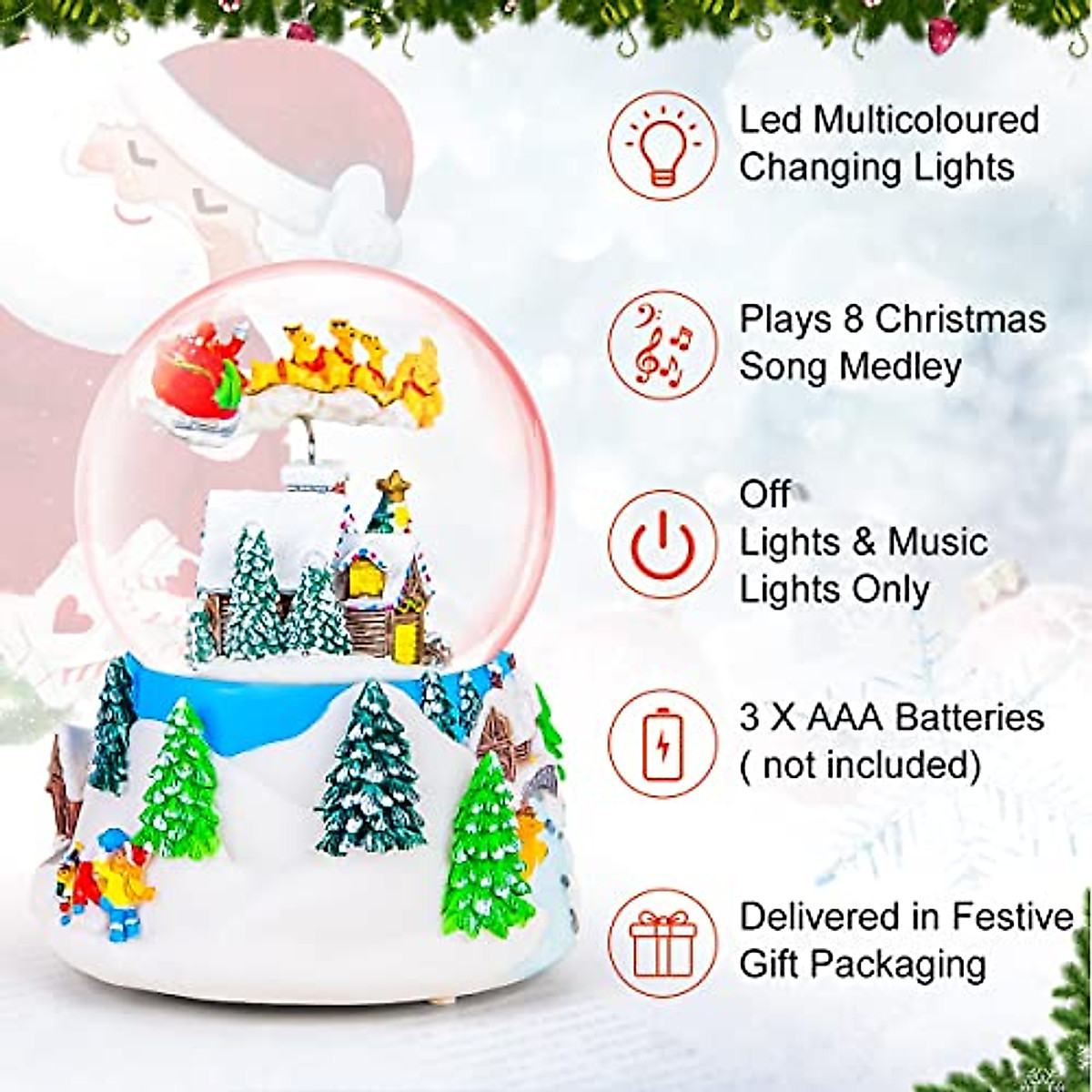 Mr.Winder Musical Rotating Santa Claus Flying Over Village Glitter, Christmas Music Box Snow Globe Gift, for Girls Women Girlfriend Daughter Son Granddaughter, Xmas Present, Plays 8 Christmas Songs