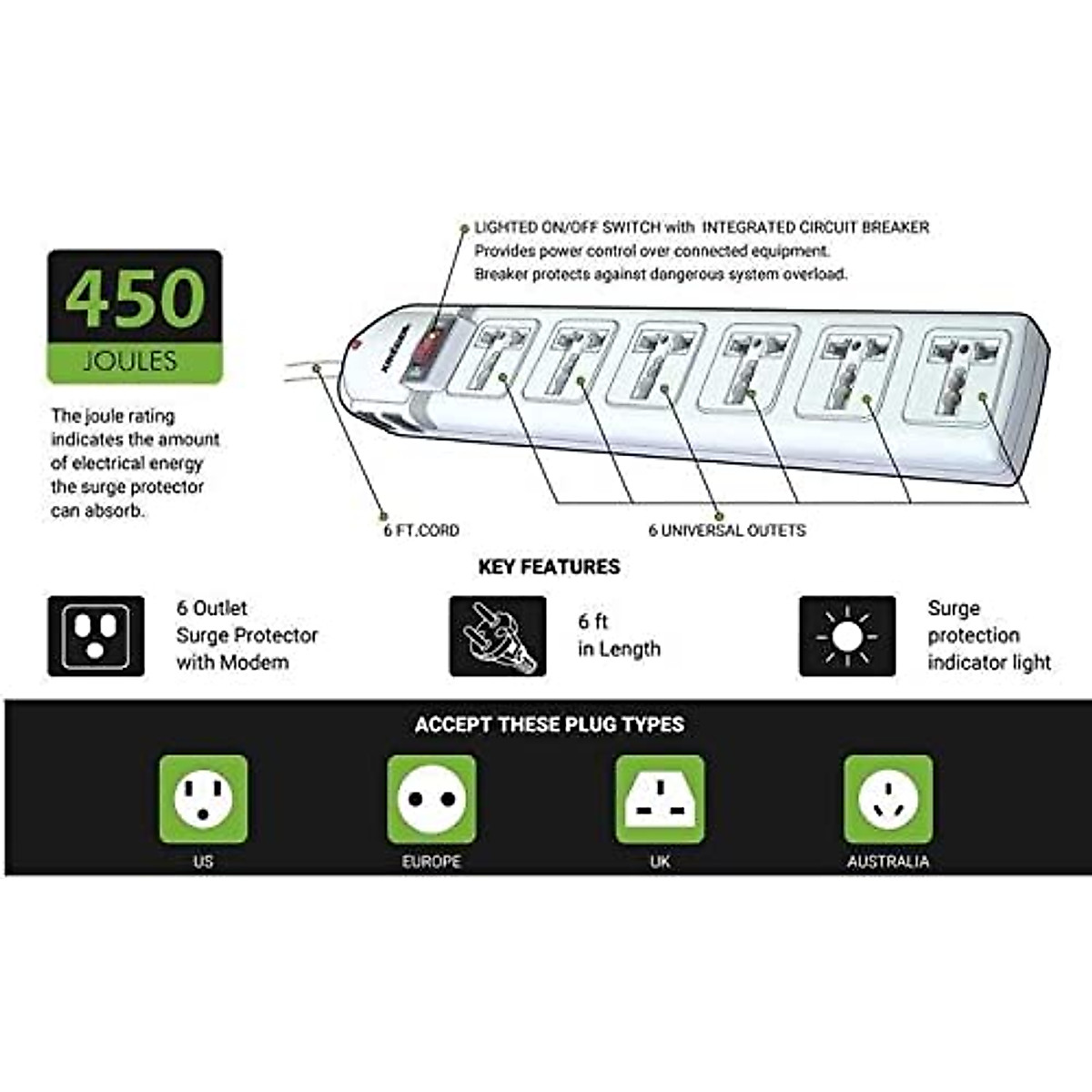 KRIEGER Universal Power Strip AC 220-240V Surge Protector With Heavy Duty German Schuko Plug For Computer, Printers, 6 Universal AC Outlets - Type E/F