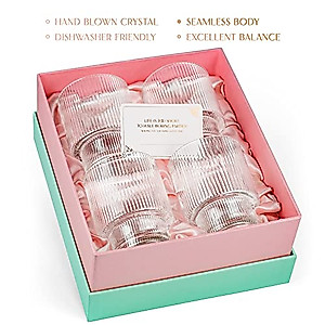 GLASSIQUE CADEAU Vintage Art Deco Ribbed Lowball Cocktail Glasses | Set of 4 | 12 oz Crystal Double Old Fashioned Tumblers for Drinking Classic Whiskey, Gin, Vodka Bar Drinks | Round Glassware