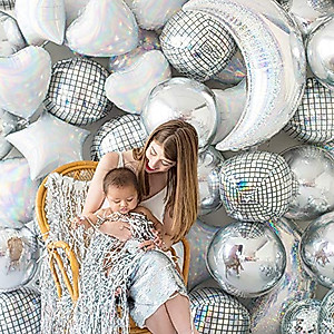 4Pcs 22inch Silver Disco Ball Balloon Party 4D Large Round Inflatable Sphere Shaped Aluminum Foil Mirror Balloon Birthday Grad Party Wedding Baby Shower Marriage Graduation Decor Supplies