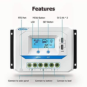 EPEVER® 45A Solar Charge Controller 12V/24V/36V/48V Auto Working PWM Solar Panel Charge Regulator with LCD Display and Powerful Dual USB Output