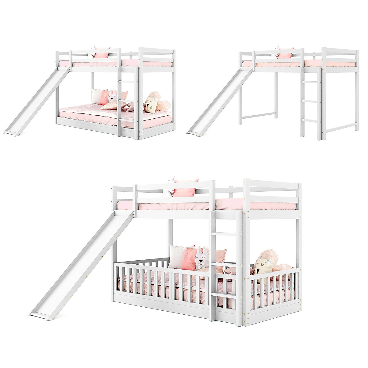 Twin Over Twin Bunk Bed with Slide, Floor Bunk Bed for Kids Toddlers, Wood Low Frame with Ladder and Fence for Boys Girls Teens, White