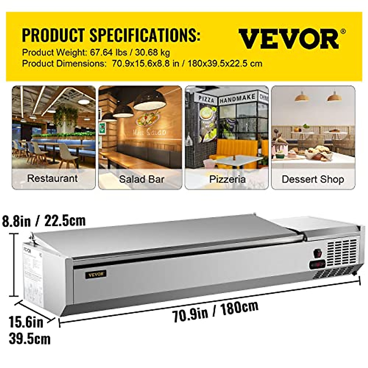 VEVOR Refrigerated Condiment Prep Station, 71-Inch, 19.8Qt Sandwich/Salad Prep Table with 5 1/3 Pans & 4 1/6 Pans, 150W Salad Bar with 304 Stainless Body and Cover Temp Adjuster One-Click Defrosting