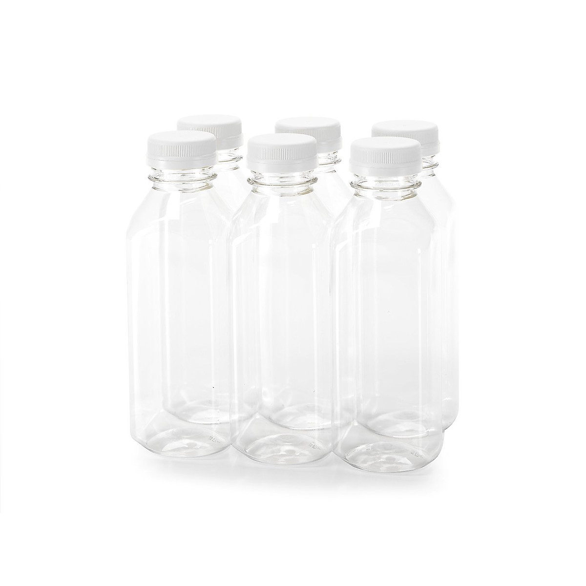 (6) 16 oz. Clear Food Grade Square Plastic Juice Bottles with White Tamper Evident Caps 6/pack