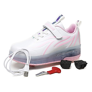 HHSTS kids shoes with Wheels LED light color shoes shiny roller skates skate shoes simple kids gifts boys girls The best gift for party birthday Christmas day(3 Little Kid,White pink)